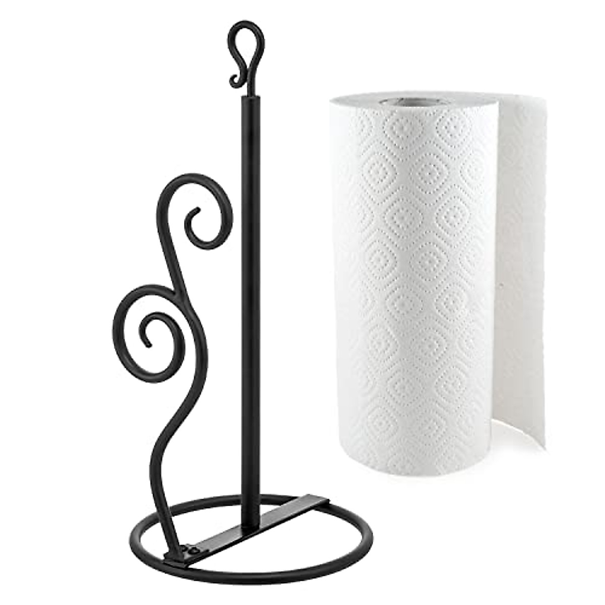 MyGift Matte Black Metal Paper Towel Holder Countertop Standing Paper Towel Roll Dispenser for Kitchen Bathroom with Vintage Scrollwork Design