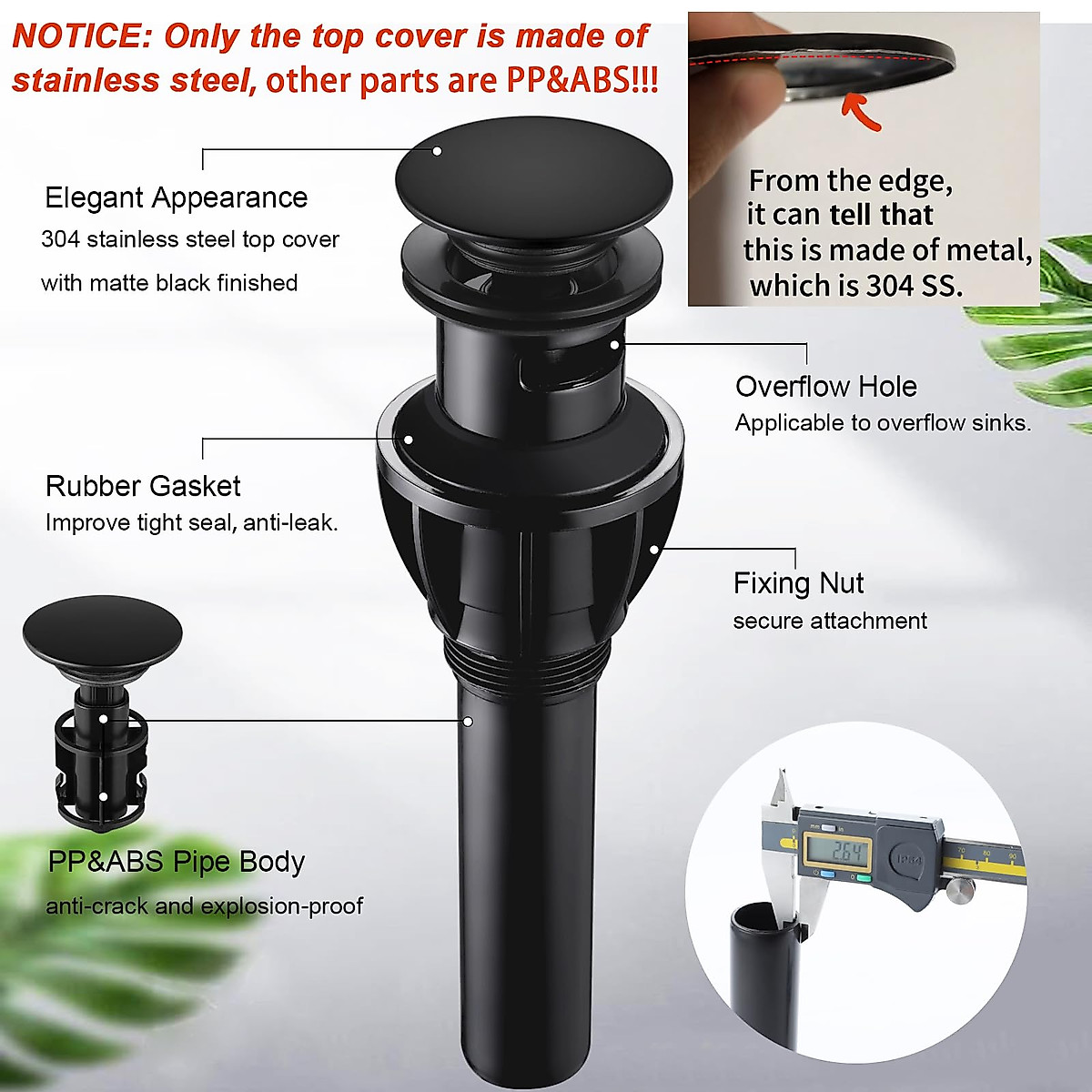 Bathroom Sink Drain, Pop Up Drain Stopper with Overflow, Lavatory Vanity Vessel Sink Drain Assembly, Matte Black