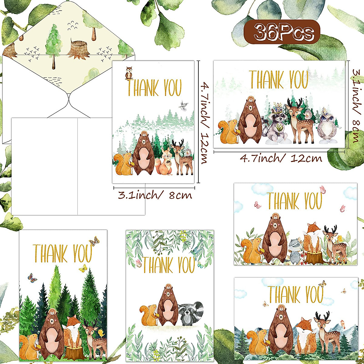 Zonon 72 Pieces Woodland Thank You Cards 36 Forest Envelopes and 36 Bear Forest Greeting Thank You Cards Animal Blank Notes Card for Baby Shower Party