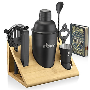 ROCKSLY Mixology Bartender Kit and Cocktail Shaker Set for Drink Mixing | Mixology Set with 6 Bar Set Tools and Bamboo Stand Makes It The Perfect Home Cocktail Kit | Complete Bartender Kit (Black)