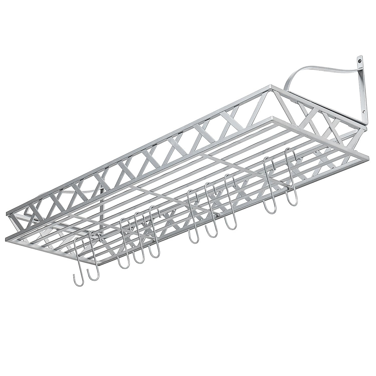 MyGift Wall Mounted Black Metal Kitchen Pots and Pans Storage Rack with Display Shelf Includes 12 Removable S Hooks