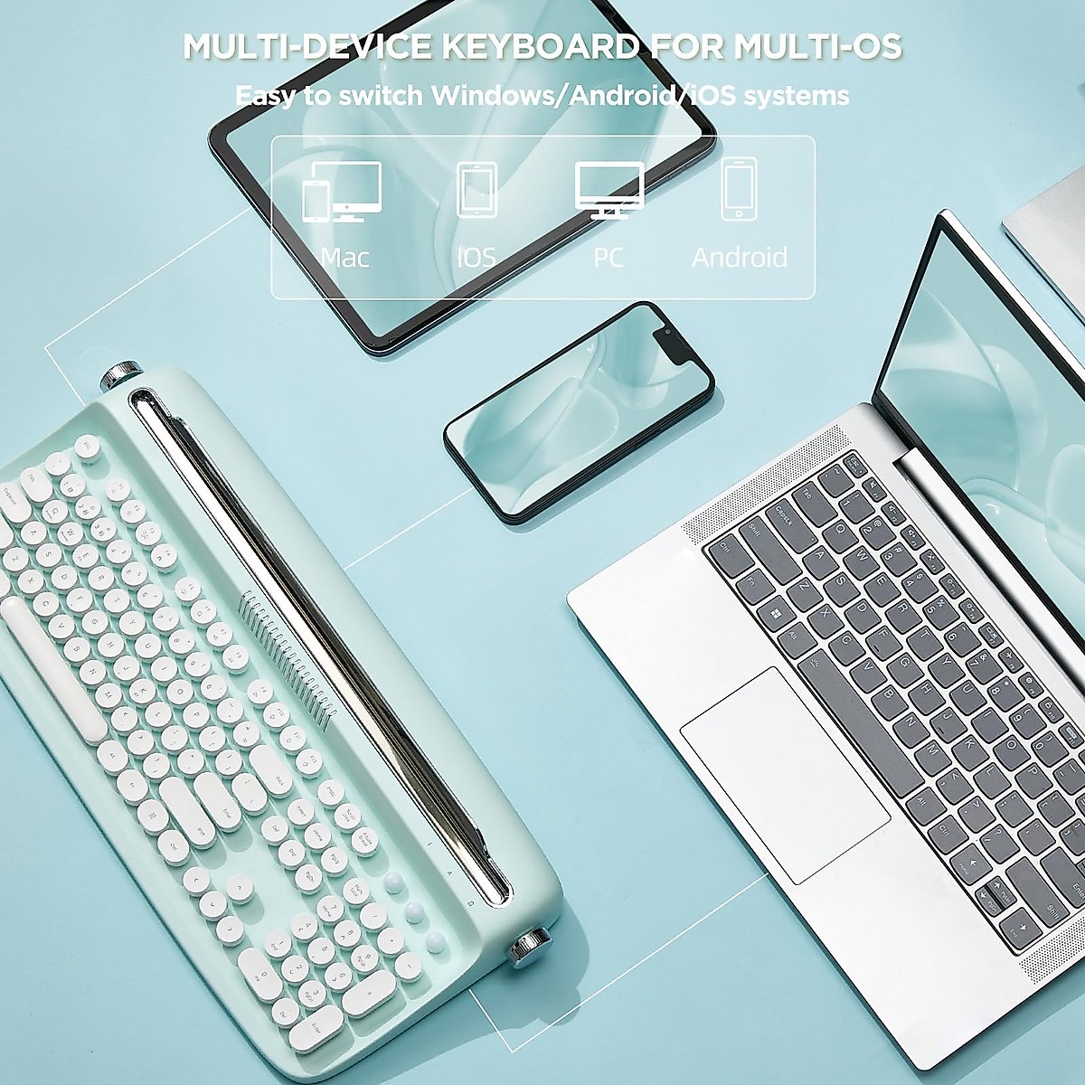 YUNZII ACTTO B503 Wireless Typewriter Keyboard, Retro Bluetooth Aesthetic Keyboard with Integrated Stand for Multi-Device (B503, Sweet Mint)