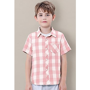 SANGTREE Mens Short Sleeve Plaid Shirt Summer Button Down Shirt Pink White Plaid，Small