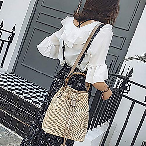 Women's Bucket Drawstring Handbag Straw Shoulder Bag Bamboo Tote Crossbody Bag Beach Bag