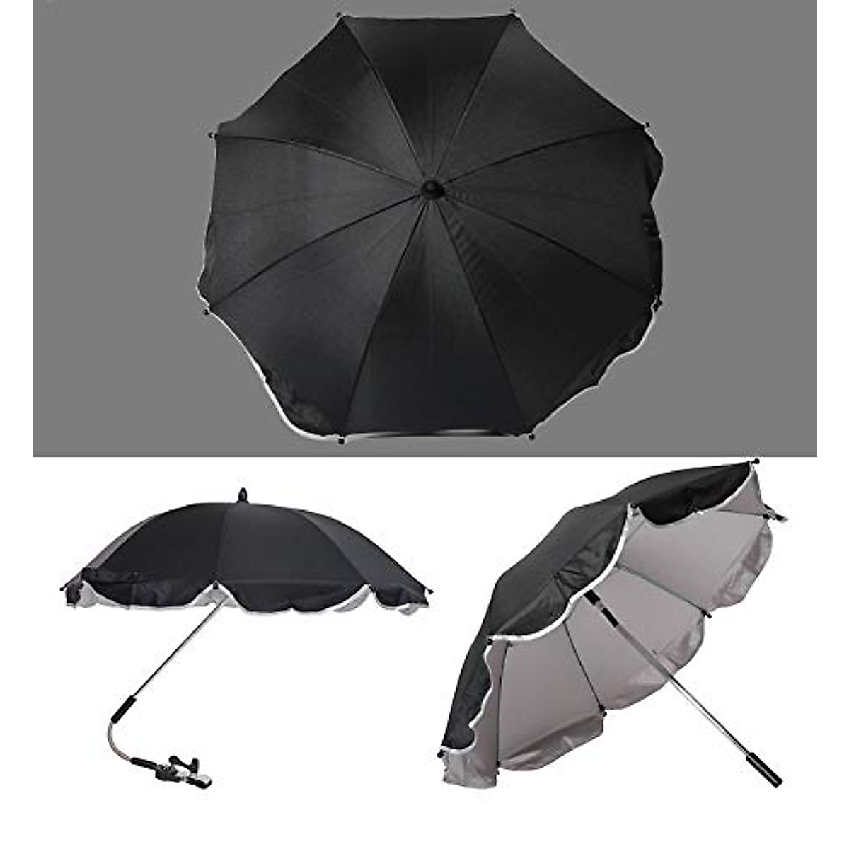 Baby Stroller Parasol, Clamp-On Shade Umbrella, with Umbrella Clip Fixing Device, 360 Degree Adjustable UV Protection, 79cm/31.1in Long, Suitable for Beach Chairs, Baby Strollers (Black)