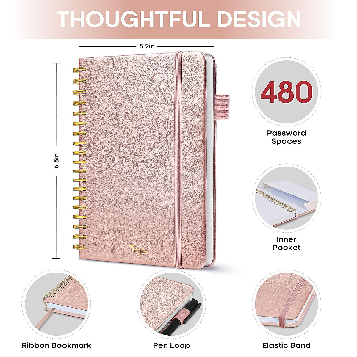 Password Book with Alphabetical Tabs, 5.5" x 6.7" Spiral Password Book, Small Password Books for Seniors, Password Keeper Book to Help You Stay Organized - Rose Gold