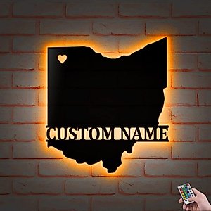 CEFFYLO Custom Ohio State Metal Wall Art With LED Lights, Personalized Ohio Map Name Sign Home Decor Born in Ohio Decoration Housewarming