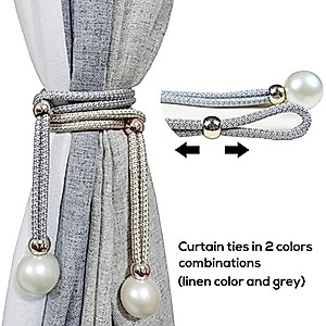 SLIFEOW Pearl Bead Curtain Rope Tiebacks, Easy to Use Adjustable Holdbacks for Thick Heavy Duty Curtains, Weighted Tie Backs for Indoor Outdoor Curtain Tie Backs, Gray 2 Pack