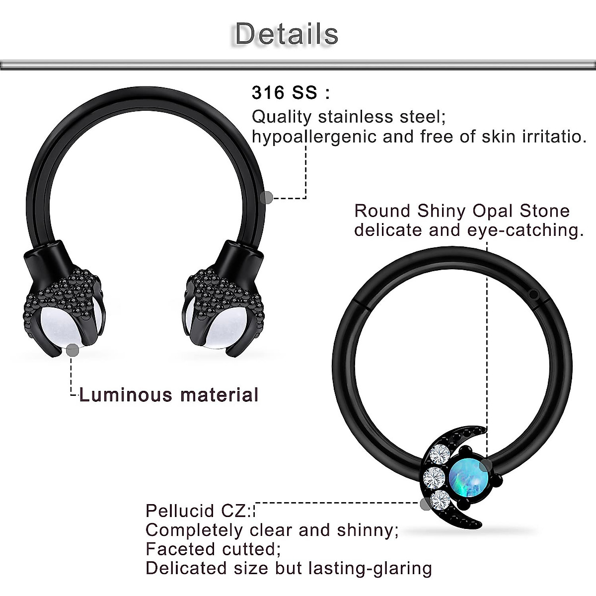 Yaalozei 16G Septum Rings Jewelry Stainless Surgical Steel Opal Flower Black Moon Septum Nose Lip Ring Hoop Earring Clicker Horseshoe Barbell Smiley Piercing Jewelry for Men Women 8mm 10mm 12mm 14mm