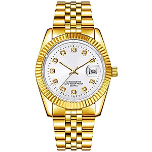 SENRUD Men's Fashion Classic Design Analog Quartz Watches Casual Business Stainless Steel Waterproof Date Wrist Watch Men (Gold White)