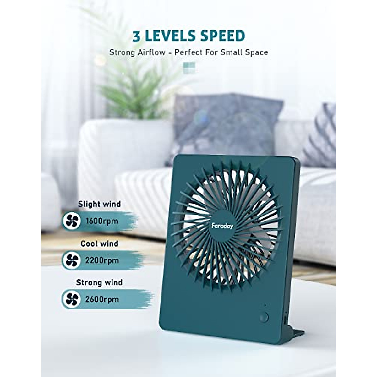 FARADAY Small Table Fans Rechargeable Portable 180°Tilt Folding Desk Fans Battery Operated Personal Fan Ultra Quiet For Home Bedroom Office Desktop, 3 Speeds (Deep Green)