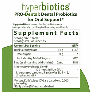 Hyperbiotics Pro Dental Probiotic with BLIS K12 and M18 | Premium Vegan Oral Probiotic for Teeth and Gums | Bad Breath Treatment for Adults | Sugar Free | Mint Chewable Tablet | 45 Count