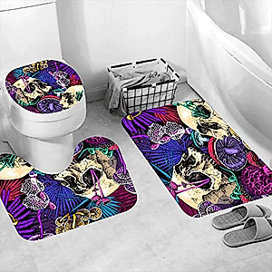 RinRinfam 4Pcs Purple Trippy Mushroom Shower Curtain Set, Fantasy Plant Skeleton Cool Skull Shower Curtain Set Non-Slip Rug,Toilet Lid Cover,U Shape Mat,Waterproof Bathroom Decor Sets with 12 Hooks