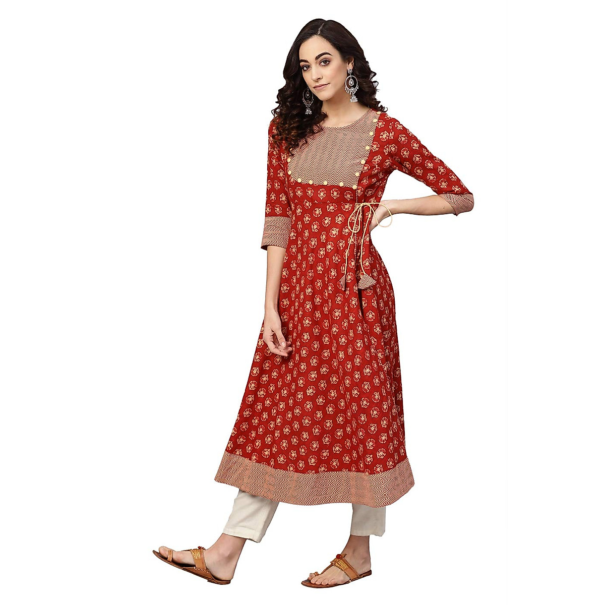 Yash Gallery Women's Cotton Slub Floral Print Angrakha Kurtis (Rustic Brown)