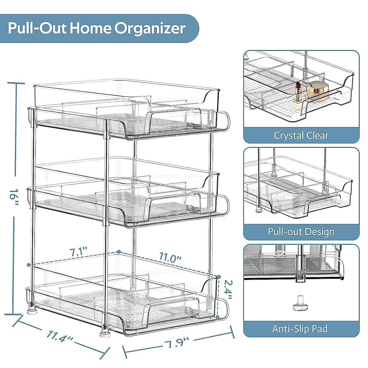 BeaFota 3 Tier Clear Pull Out Organizer with 3pcs Storage Bins, Large Size Multi-Purpose Slide-Out Storage Container, Bathroom Vanity Counter Organizing Tray, Kitchen Pantry Medicine Cabniet Bins