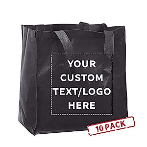 DISCOUNT PROMOS Custom Reusable Cloth Grocery Shopping Tote Bags - 10 Pack - Personalized Logo, Text - Foldable, Washable, Shopper Bag - Black