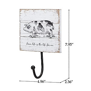 SOFFEE DESIGN Set of 4 Vintage Farmhouse Wall Hooks, with Shabby Craft Farm Animals Goat Rooster Pig Cow Printing, Heavy Duty Hanger Hooks Wall Mounted Hanging Rack Hooks