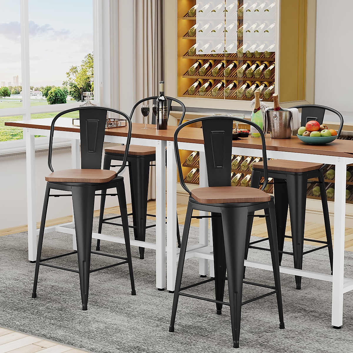 Alunaune 30" Swivel Metal Bar Stools Set of 4 High Back Counter Height Barstools Industrial Dining Bar Chairs with Large Wooden Seat-Matte Black