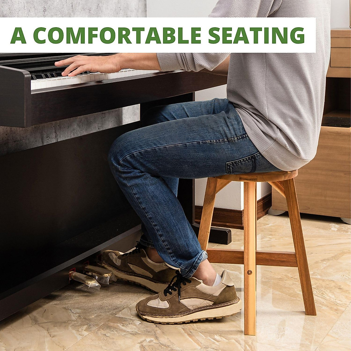 BEEFURNI Round Wooden Stool, Acacia Wood 18 Inch Stool, Wooden Step Stools for Kids, Solid Acacia End Table, Round Plant Stand 350 lbs Capacity, Easy to Assemble, 1 Year Warranty