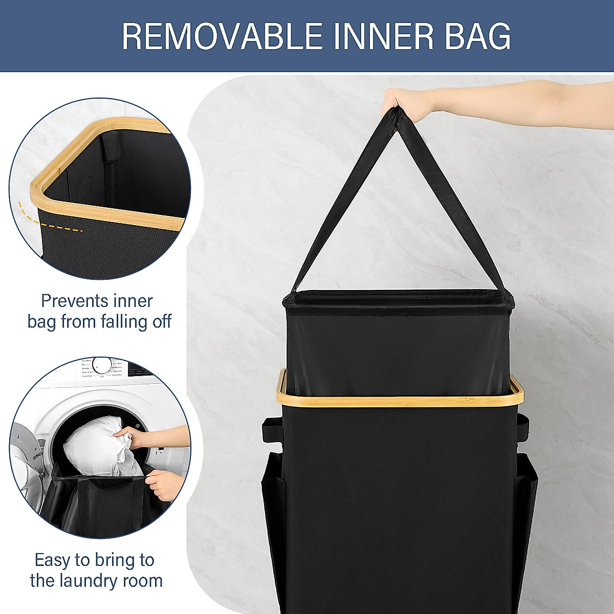 LOCHAS Laundry Hamper with Lid, 100L Clothes Hamper with 2 Pockets and Removable Bag, Black Large Laundry Basket with Handles, Tall Dirty Clothes Hamper for Bathroom, Bedroom, Dorm, Laundry Room