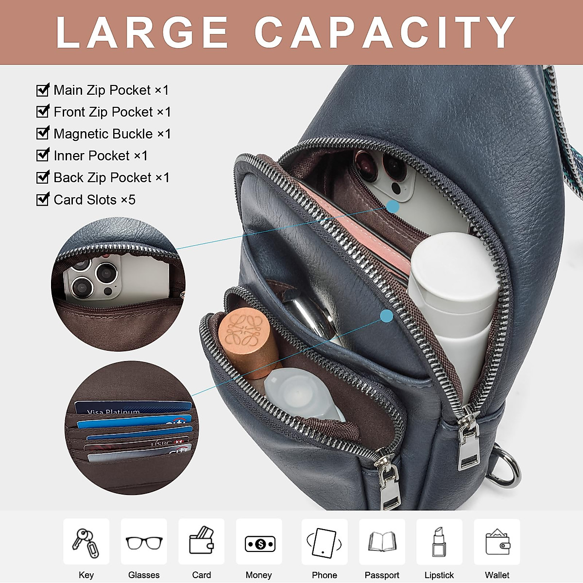 CLUCI Small Sling Bag for Women, Vegan Leather Fanny Pack Crossbody Bags for Women, Chest Bag With Guitar Strap