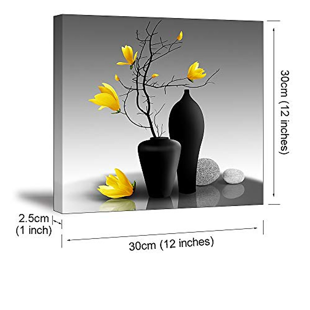 Flower Wall Art for Bathroom Hallway, SZ Elegant Orchid Still Life Canvas Painting Prints, Golden Magnolia in Black and White Vases Picture (Ready to Hang, Waterproof Decor)