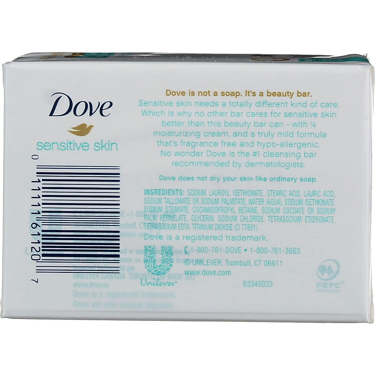 Dove Sensitive Skin Beauty Bar Soap, Unscented, 4 oz, 2 Ct (2 Pack) (Bundle)
