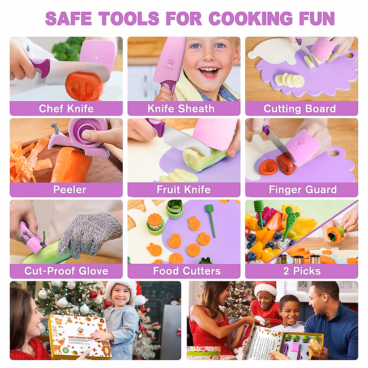 Kibbidea 13 Pcs Kids Kitchen Knife Set, Kids Knives For Real Cooking With Cutting Board, Peeler, Serrated Edges Stainless Steel Toddler Safe Knife, Sandwich Cutter (Purple)