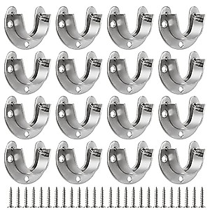 16 PCS Stainless Steel Closet Rod Brackets, 1 Inch Dia Heavy Duty Socket Flange Rod Holder, Shower Curtain Rod Pole End Supports, Open Type Wardrobe Bracket Holder with Screws U-Shaped, Silver