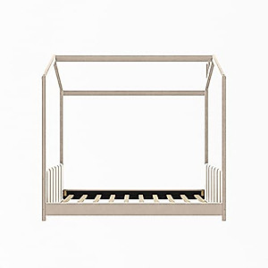 DEYOBED Twin Size Velvet House Bed, Wooden Floor Bed with Upholstered Headboard and Footboard w/Strips, Wood Bed with Roof for Kids, Boys and Girls, Beige