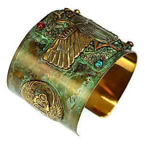Elaine Coyne Collectible Artwear Patina Brass Egyptian Scarab Motif Wide Cuff Bracelet - Carnelian, Navy Onyx, Turquoise