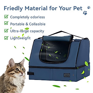 PETSFIT Travel Litter Box for Cats - Removable 2-Layer Leak-Proof Lining, Scratch-Resistant Fabric with Sturdy Support Frame, Cat Collapsible & Travel Litter Box Blue