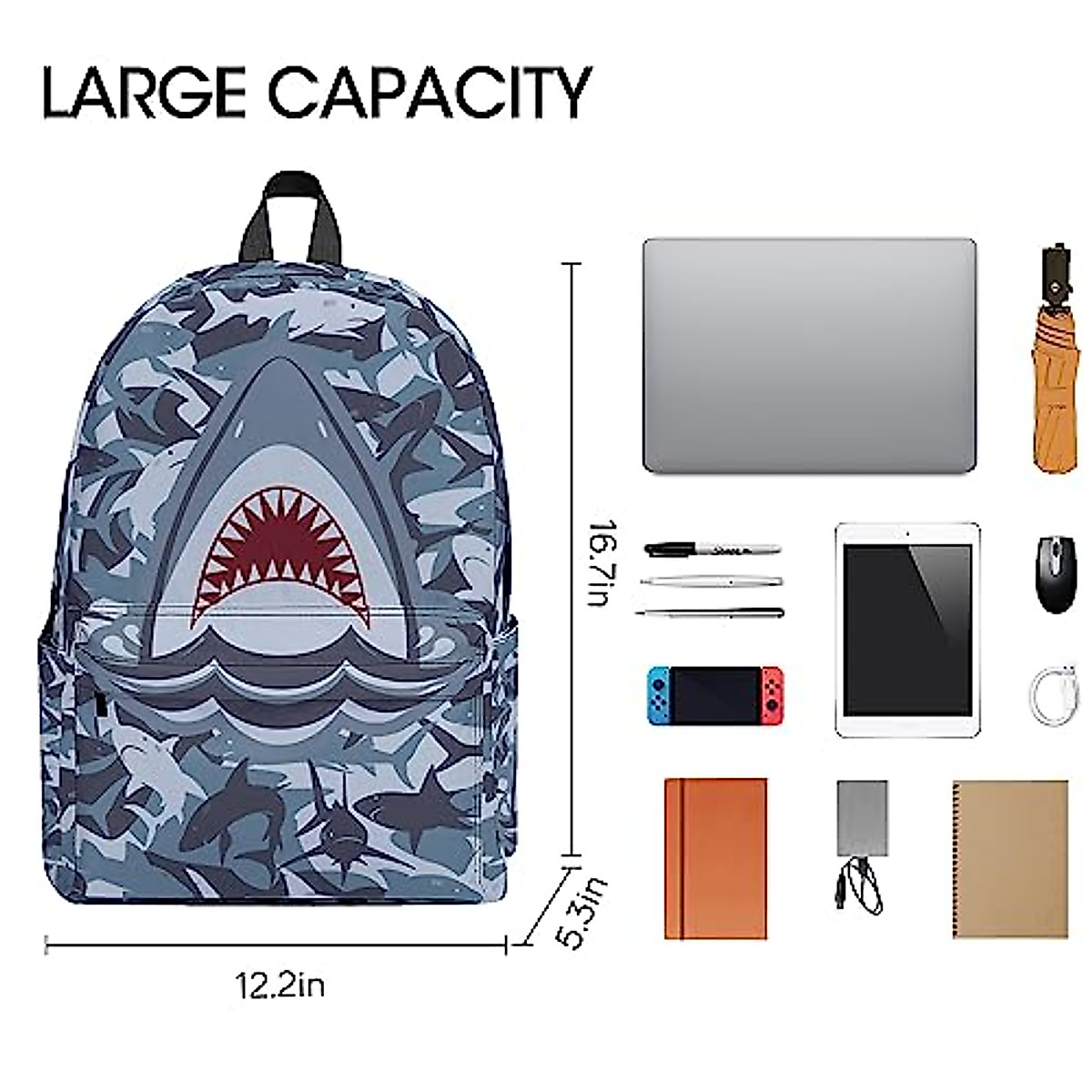 Lightweight Shark Boys School Backpack, Classic Bassic Bookbag for Middle School Students, Cute Shark Patterned Casual Daypack for College, Travel, Work with 15-Inch Laptop Compartment, 17 IN-Grey