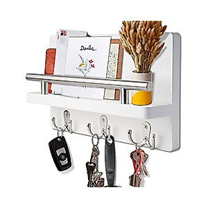 Comfify Key Holder for Wall - Natural Pine Wood Texture, Modern Decorative Finish, Metal Key Hooks with Mail Organizer/Sorter Slot White