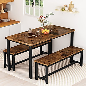 AWQM Dining Room Table Set, Kitchen Table Set with 2 Benches, Ideal for Home, Kitchen and Dining Room, Breakfast Table of 47.2x28.7x28.7 inches, Benches of 40.5x11.0x17.7 inches, Rustic Brown