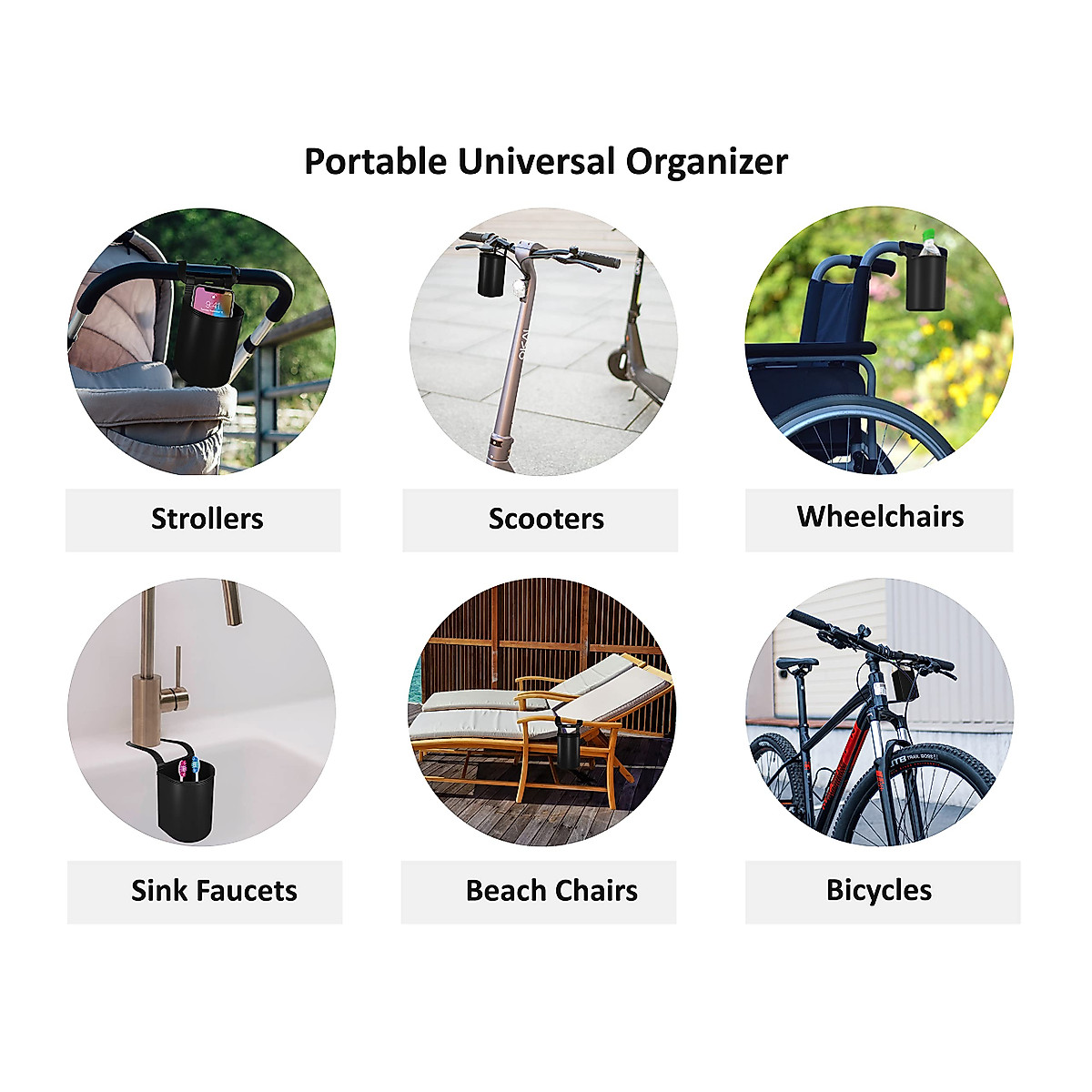 Rebraf Products Silicone Stroller Cup Holder- Stroller Organizer- Phone Holder- Portable Universal Attachment for Stroller, Walker, Bike, Wheelchair, Scooter, Lawn Chair, Beach Chair (Black)