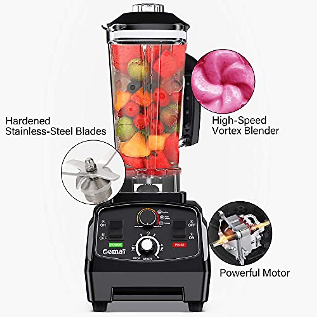 GEMAT Professional Countertop Blender with 1400-Watt Base, Smoothie Blender ,Built-in Timer ,High Power Blender 2L Cups for Frozen Drinks ,Shakes and Smoothies