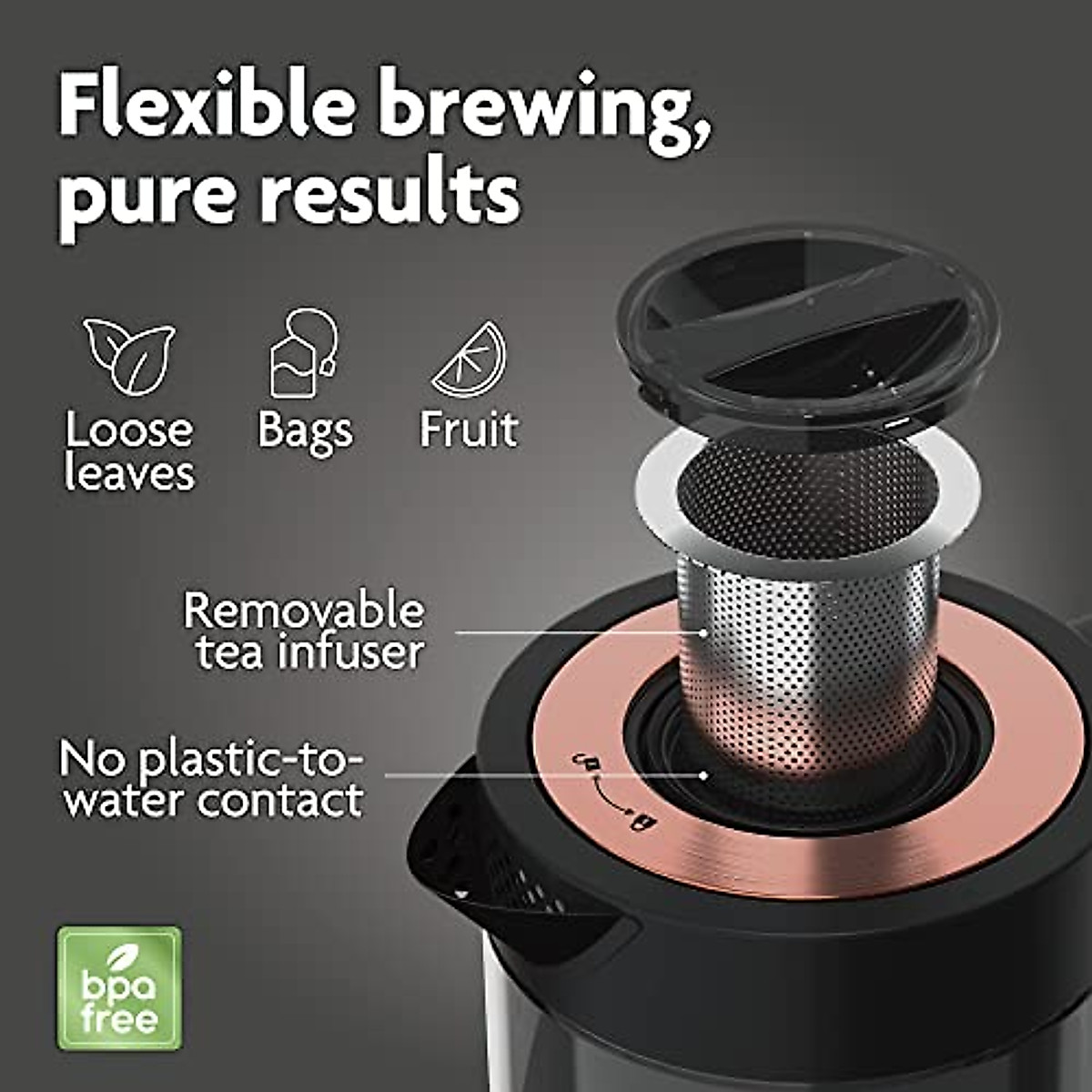 Hot Tea Maker Electric Glass Kettle with tea infuser and temperature control. Automatic Shut off. Brewing Programs for your favorite teas and Coffee.