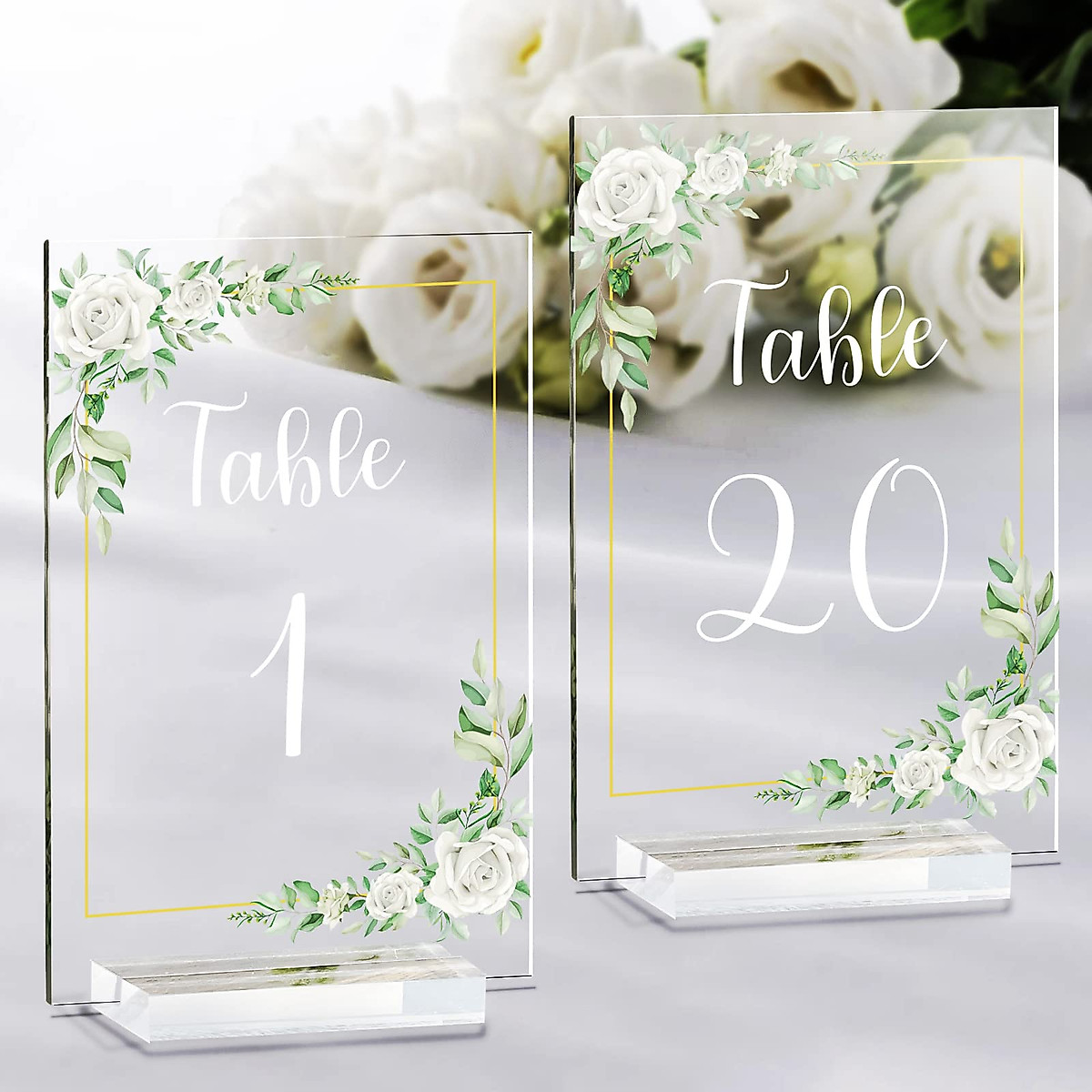 OurWarm White Rose Acrylic Wedding Table Numbers 1-20, 4x6 Inch Printed Calligraphy Table Number with Stands, Clear Table Number Signs and Holders, Perfect for Wedding Reception Anniversary Event