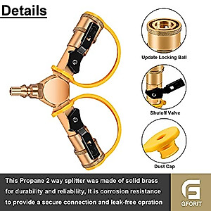 1/4" RV Propane Quick Connect Y Splitter Adapter for RV Trailer and Camping Propane Hose to Motorhome Tabletop Grill 2 Way LPG 1/4 inch Quick Connect or Disconnect Kit Shutoff Valve & Full Flow Plug