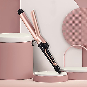 Lanvier 1.25 Inch Clipped Curling Iron with Extra Long Tourmaline Ceramic Barrel, Professional Hair Curler up to 450°F Dual Voltage for Traveling, Hair Waving Style Tool for Girls & Women-Rose Gold
