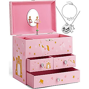 efubaby Upgrade Musical Jewelry Box for Girls with 3 Pullout Drawers Spinning Ballerina & Unicorn Jewelry Set, Jewelry Boxes for Kids Girls Birthday Valentine Christmas Gift Waltz of Flowers Tune
