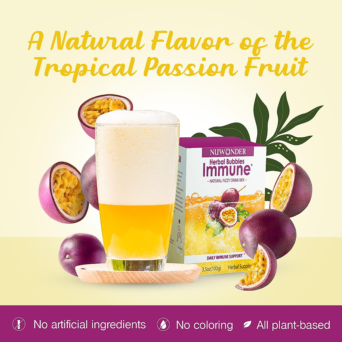 NuWonder Immunity Support Herbal Supplement made with Astragalus, Ginger, Jujube, Atractylodes, Natural Passion Fruit Flavor, Fizzy Bubbles, No Artificial Ingredients, Immune Booster Drink Mix 10packs