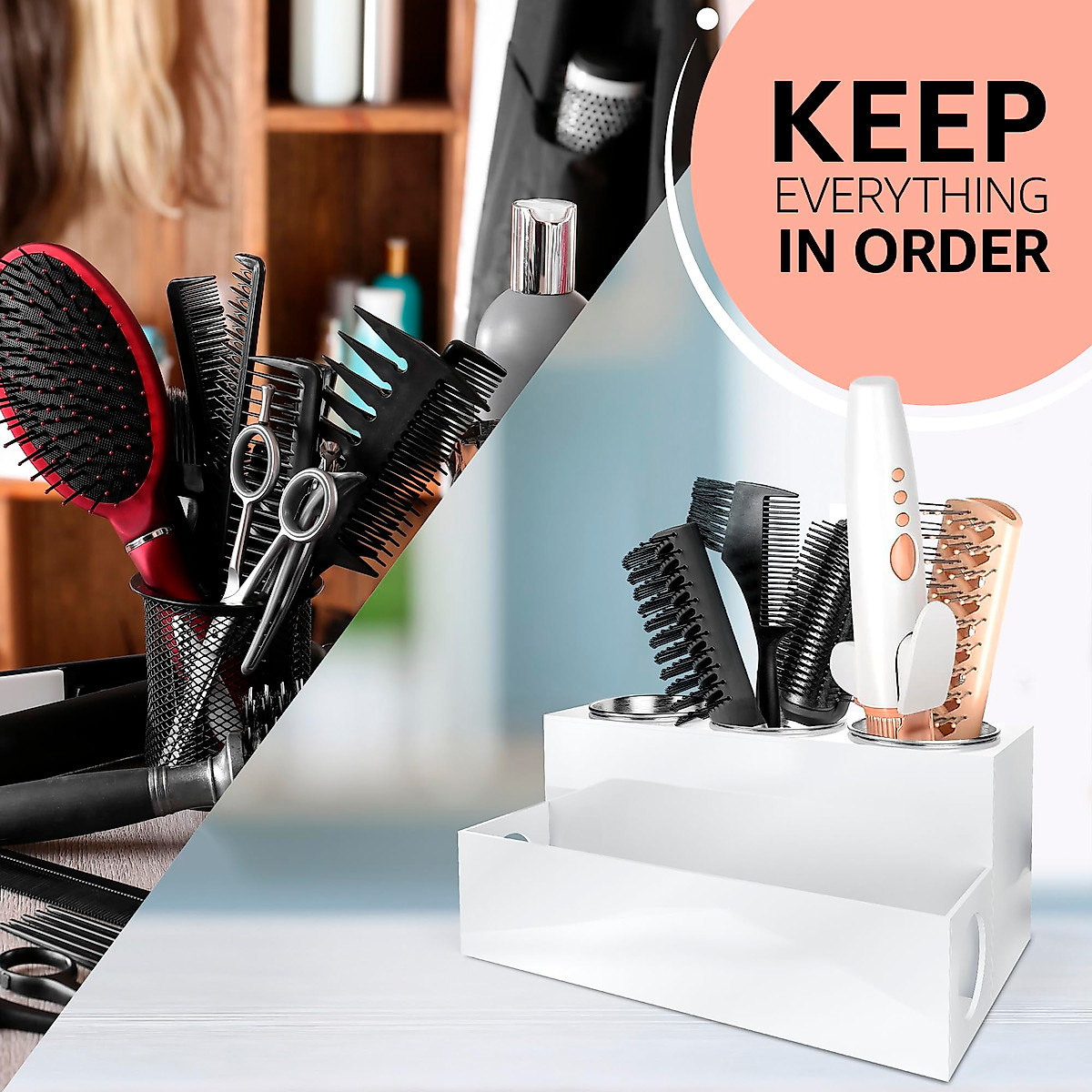 Levitural Premium Acrylic Hair Tool Accessories Organizer Stand – Portable Hair Dryer, Brush, Straightener, Curling Iron Holder Countertop and Storage for Bathroom Vanity Cabinet (White)