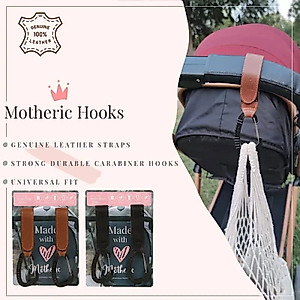 Genuine Leather Stroller Hook by Motheric - baby stroller leather hooks, stroller hooks for diaper bags, Leather Stroller Clips - 2Pcs - stroller bag hook - Black