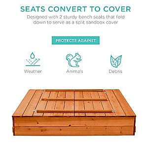 Best Choice Products Kids' Outdoor Wooden Sandbox Large, Cedar Wood with Foldable Bench Seats and Sand Protection, Bottom Liner Included - Brown
