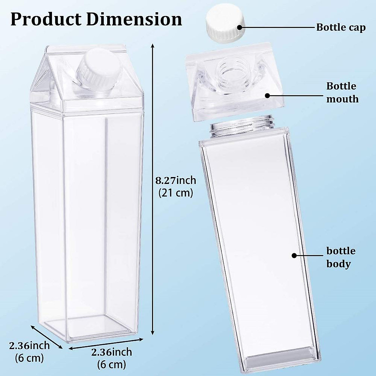 17Oz(500ml) Milk Carton Water Bottle Plastic Milk Box BPA Free Child Friendly Reusable Milk Carton Shaped Water Bottle Leakproof Juice Tea Jug for Travelling Sports Camping Outdoor Activities