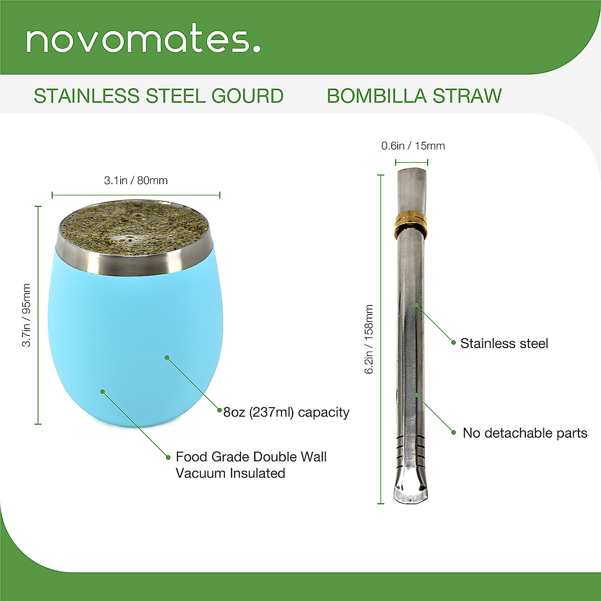 Novomates Yerba Mate Kit Including Double Wall Stainless Steel Mate Tea Cup and Mate Straw – Yerba Mate Cup and Bombilla Mate - Yerba Mate Gourd - Bombilla Mate and Mate Tea Cup 8oz (237ml) (Teal)