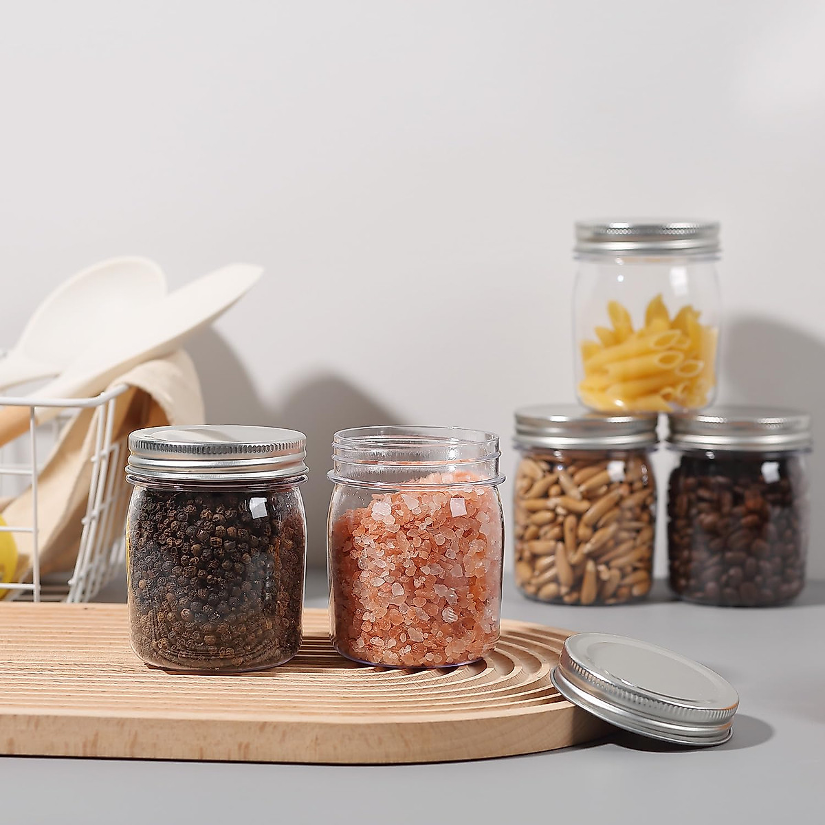 Party Club of America 16 Pack 8OZ Sliver Plastic Jars With Screw On Lids，Plastic Mason Jars Food Storage Container For Storing Dry Food, Candy, Cream,Peanut, Butter