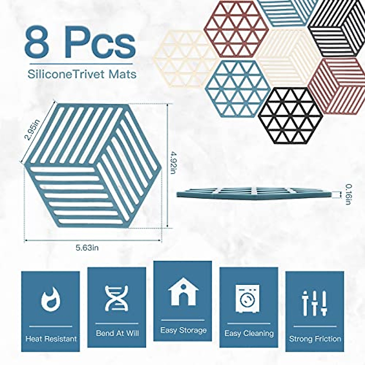 Silicone Trivet Mats and Hot Pads 8 Pcs 5.63 4.92 in Hexagon Heat Multifunction Kitchen Tool for Bowl Mats, Dish Mats Placemats